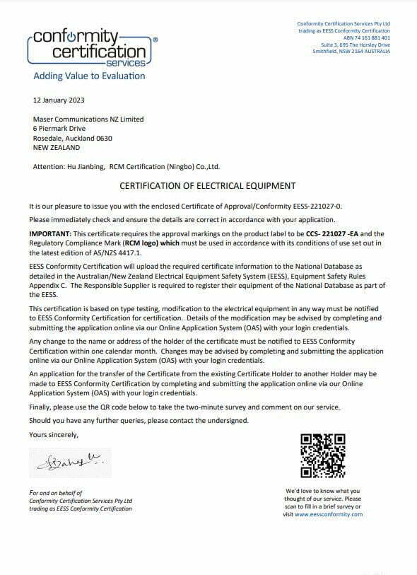 Compliance Certificates | Maser Communications NZ Ltd