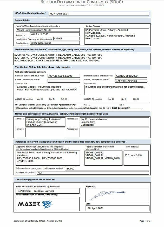 Compliance Certificates | Maser Communications NZ Ltd