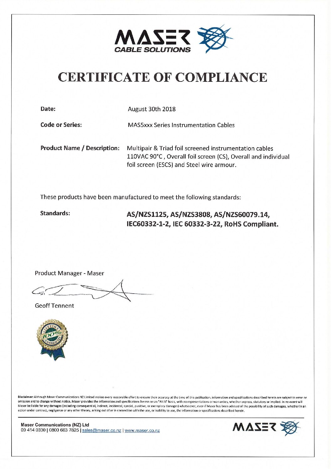 Compliance Certificates | Maser Communications NZ Ltd